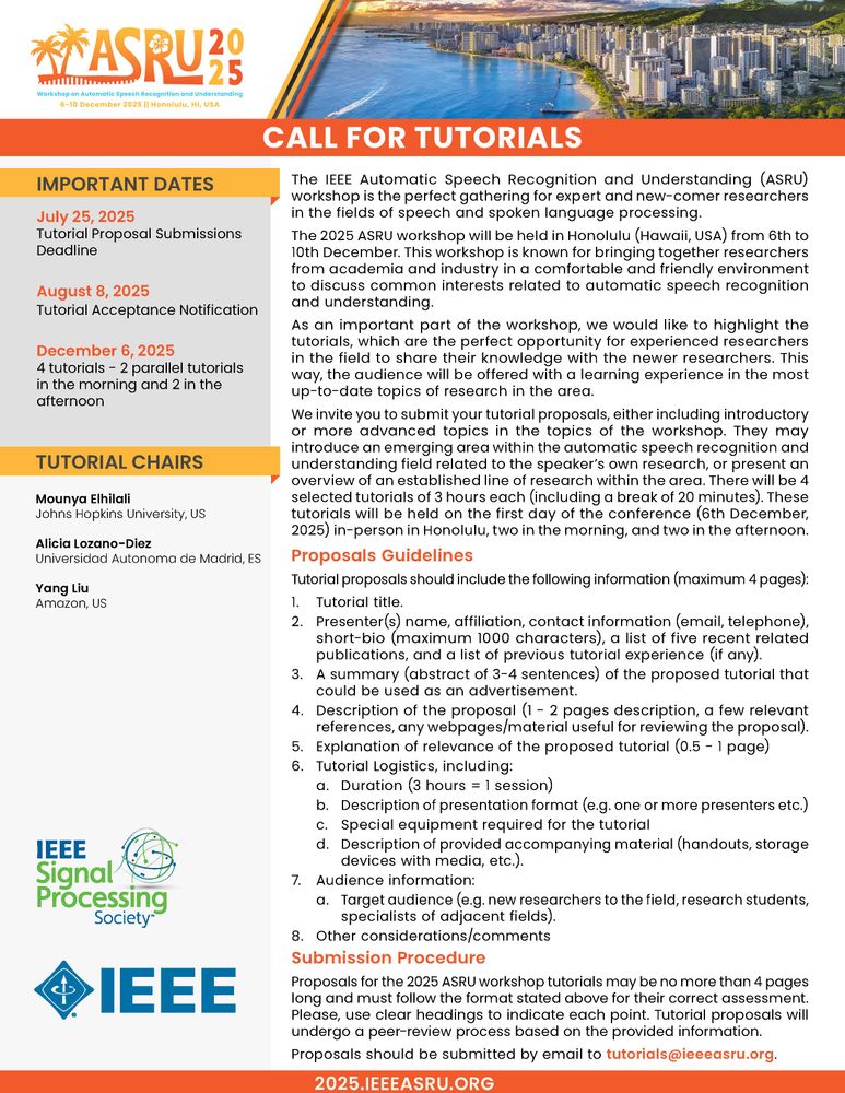 Call for Tutorials | IEEE ASRU 2025 | Honolulu, Hawaii, USA